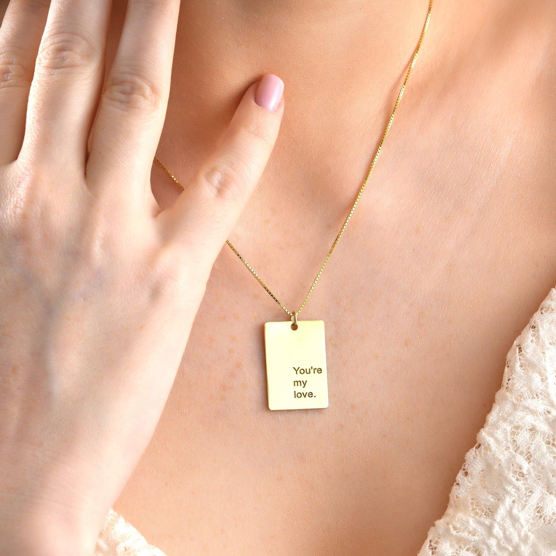 14K Gold Rectangle Necklace, Personalized Rectangle Pendant, Custom ...