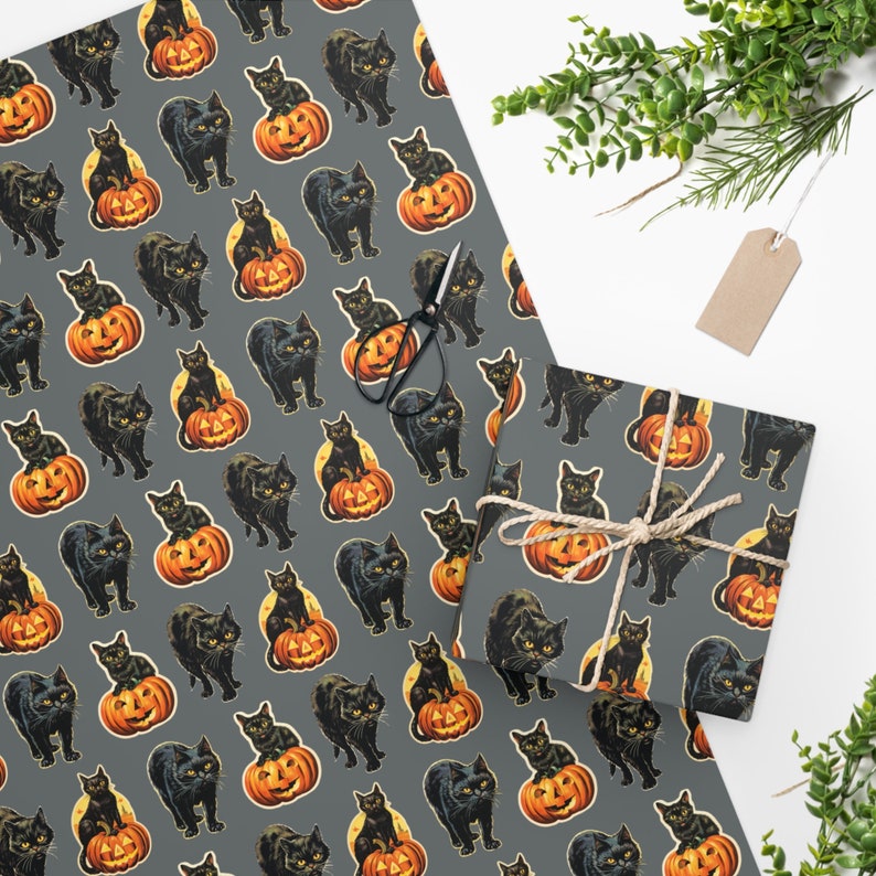 Halloween Wrapping Paper, Black Cat Wrapping Paper, Vintage Halloween ...