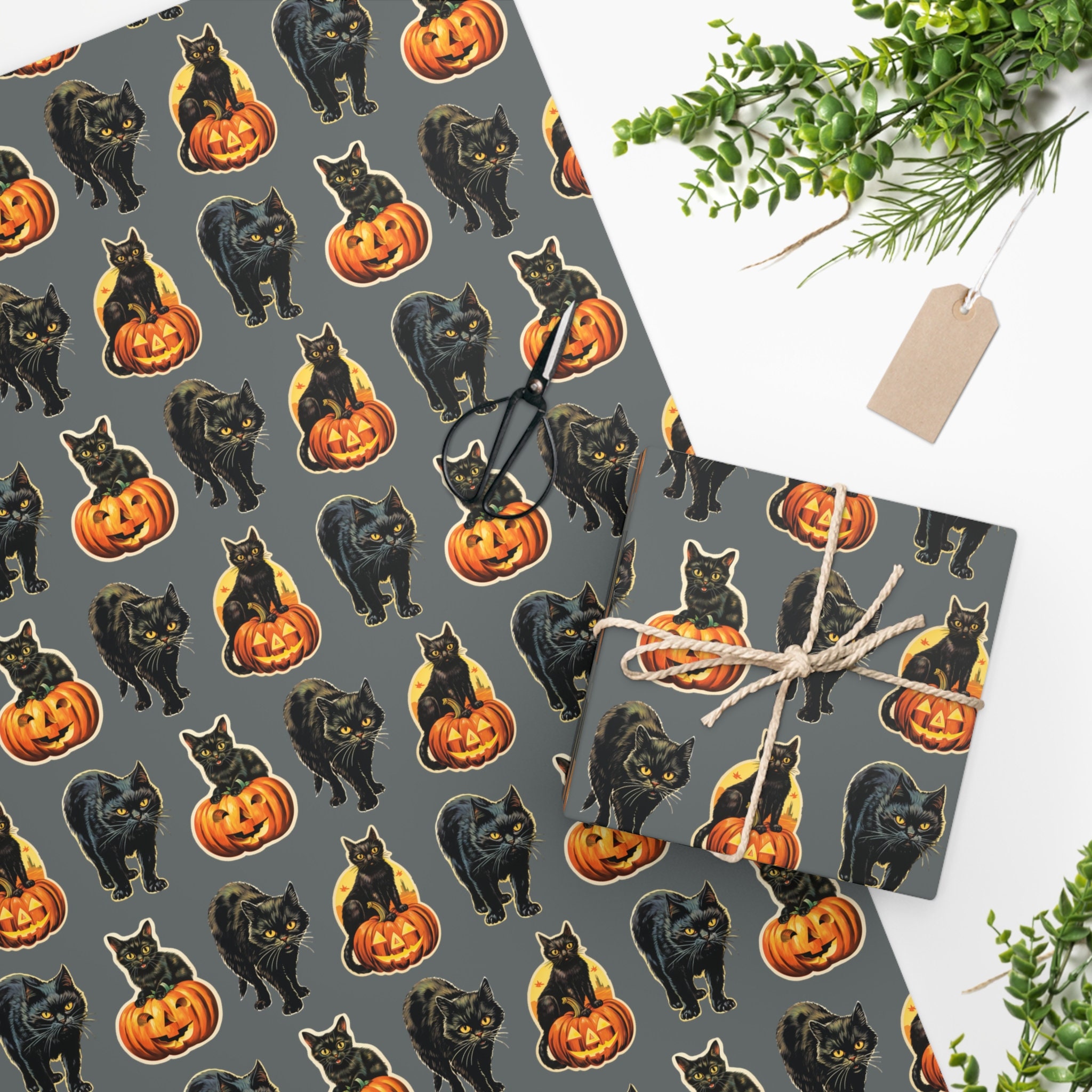 Halloween Wrapping Paper, Black Cat Wrapping Paper, Vintage Halloween ...