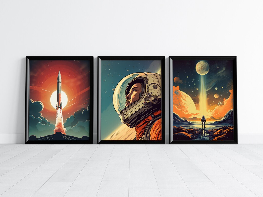 Space Wall Decor Set of 3 Prints, Retro Space Travel Posters, Astronaut ...