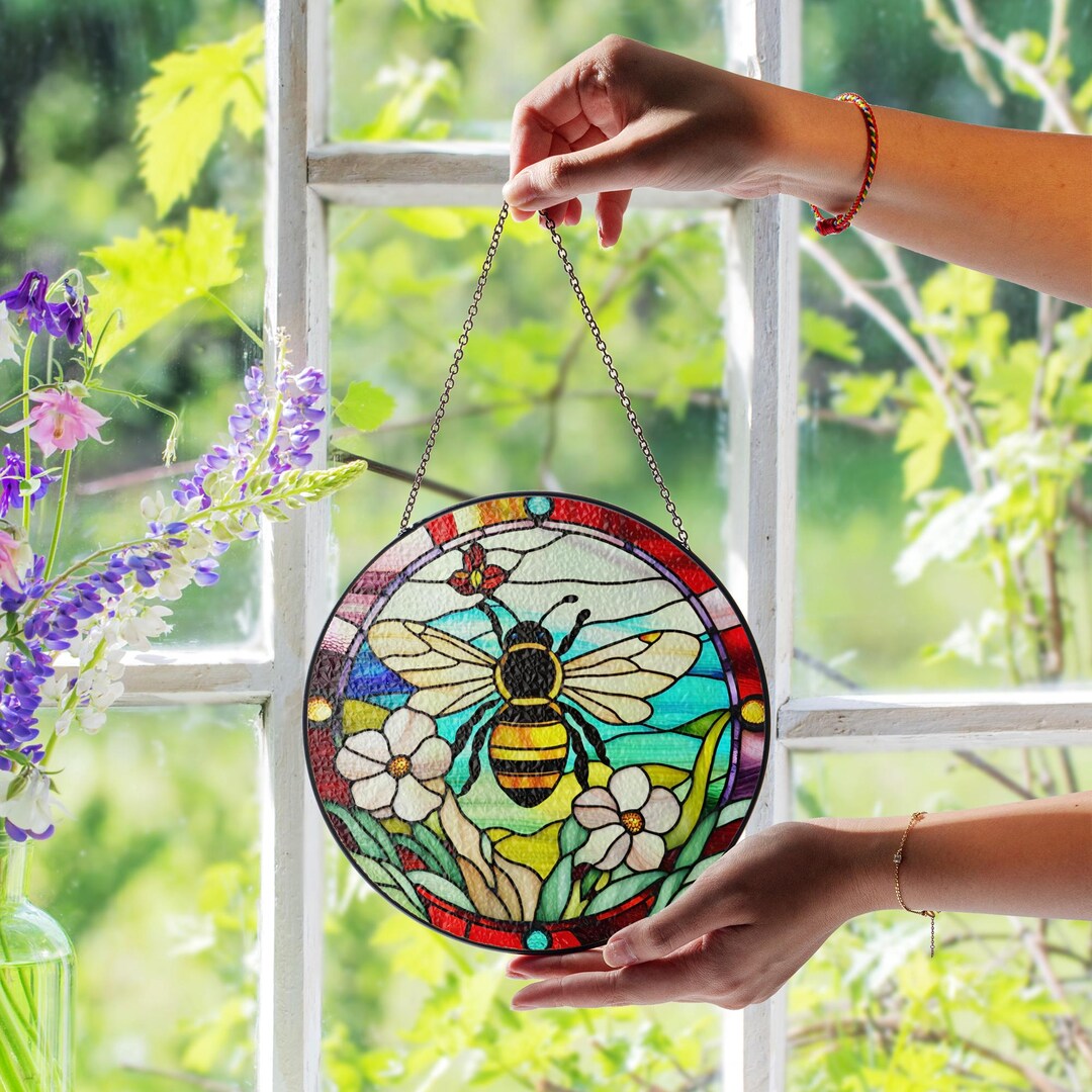 Stained Glass Bee Floral, Suncatcher Window Colorful, Honeybee Retro ...