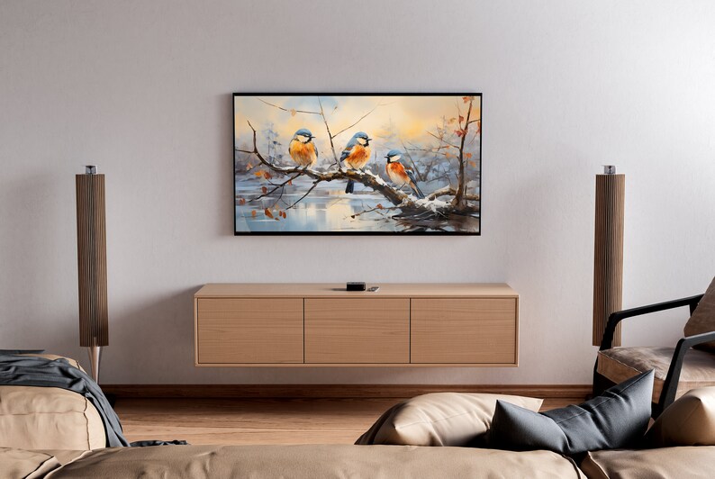 Samsung Frame TV Art, Christmas Birds in Forest Decor, Winter Wall Art ...