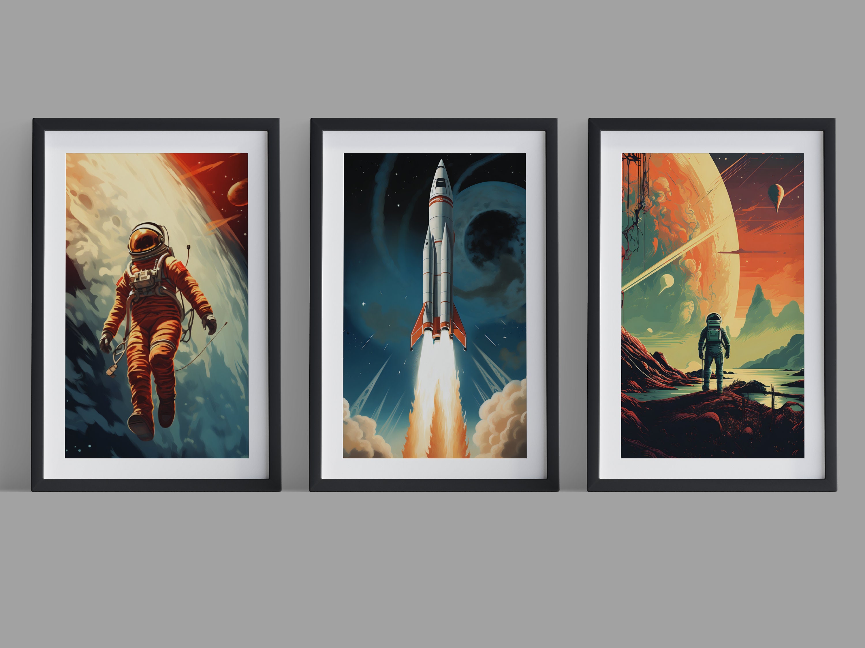 Space Wall Decor Set of 3 Prints, Retro Space Travel Posters, Astronaut ...