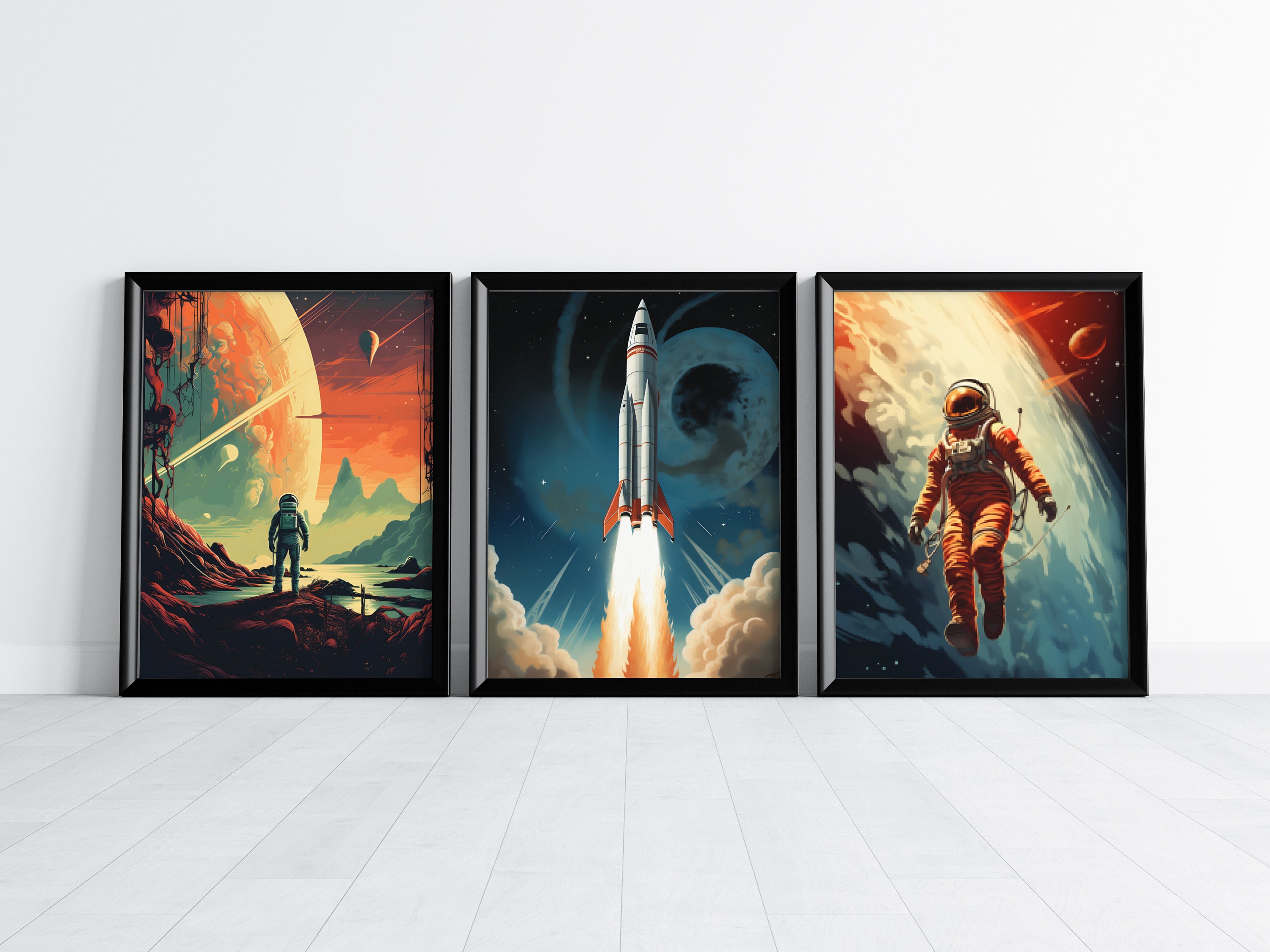 Space Wall Decor Set of 3 Prints, Retro Space Travel Posters, Astronaut ...