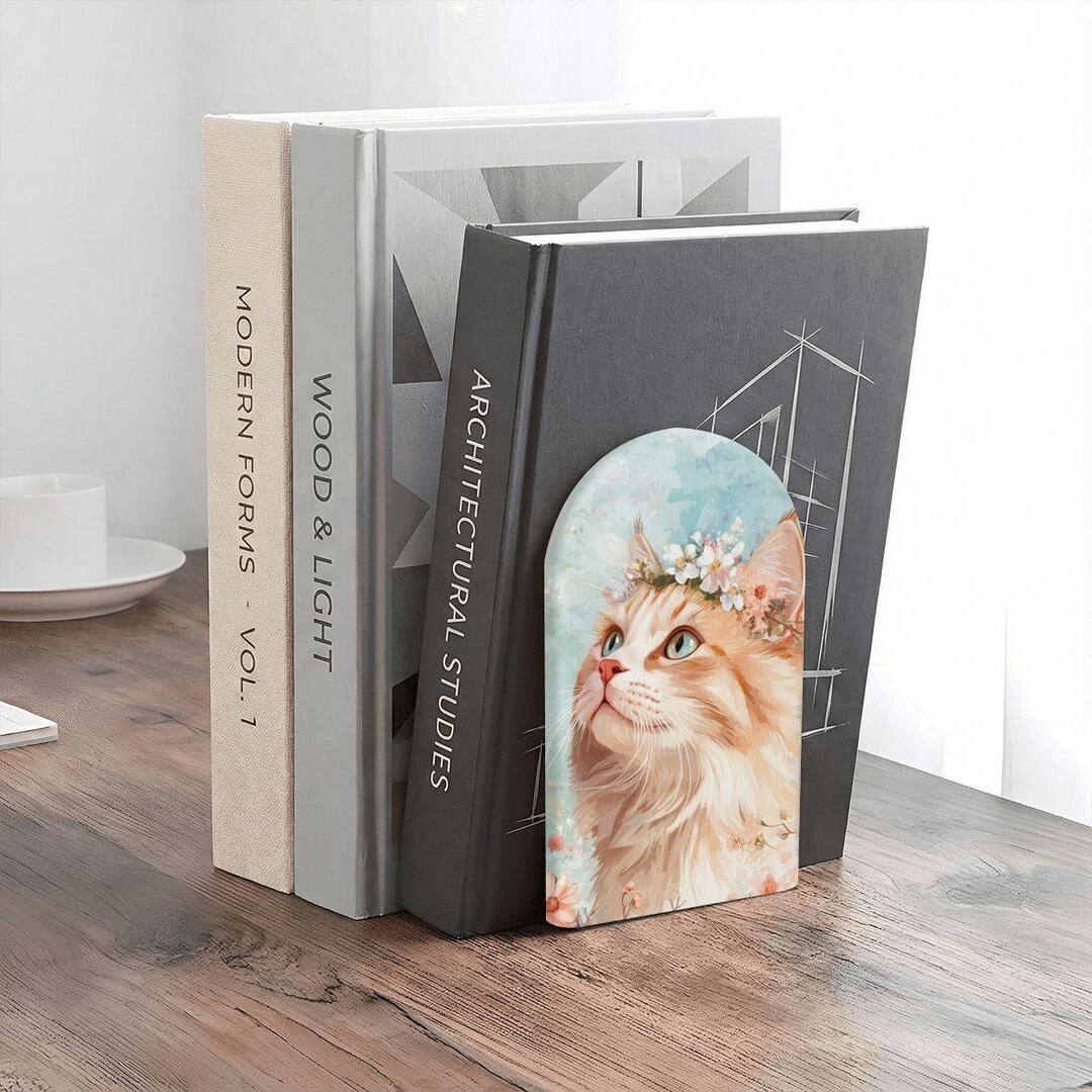 Floral Cat Beech Wood Bookends, Decorative Book Ends Set, Modern ...