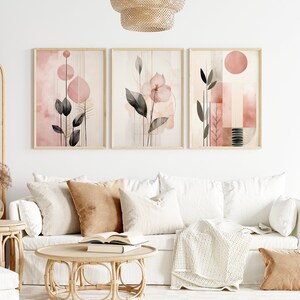 Floral Wall Decor Set of 3 Posters, Dust Pink Absract Flower Boho Art ...
