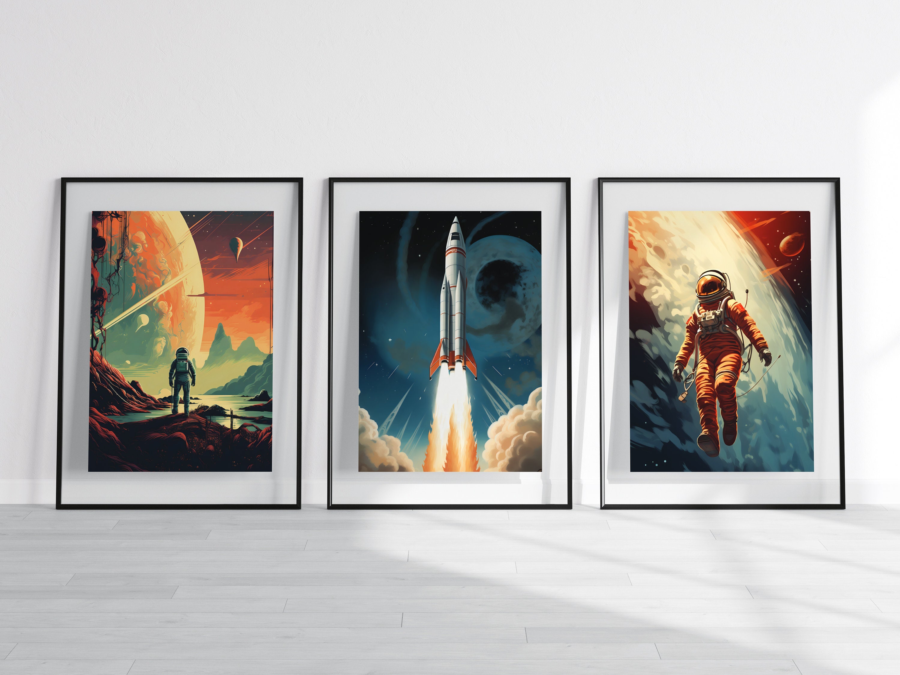 Space Wall Decor Set of 3 Prints, Retro Space Travel Posters, Astronaut ...