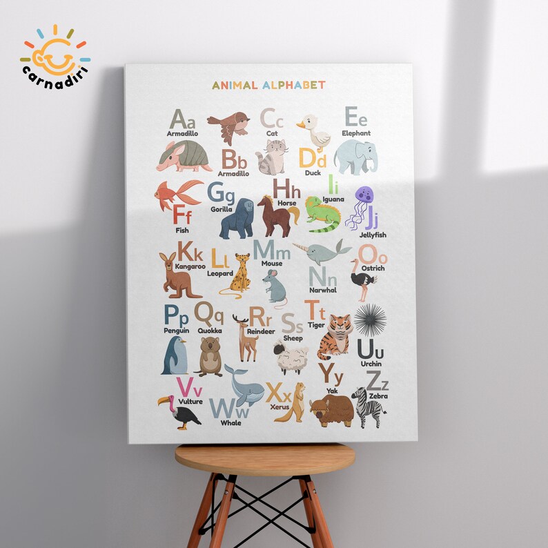 Cute Colorful Illustrated Animal Alphabet Poster, Wall Art, Nursery ...