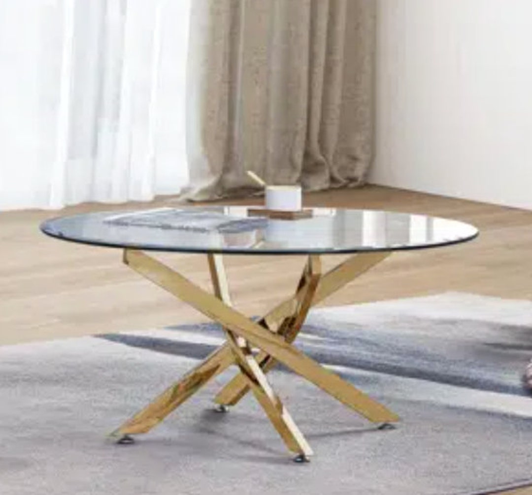 Round Glass Coffee Table Cross Legs Modern Coffee Table - Etsy