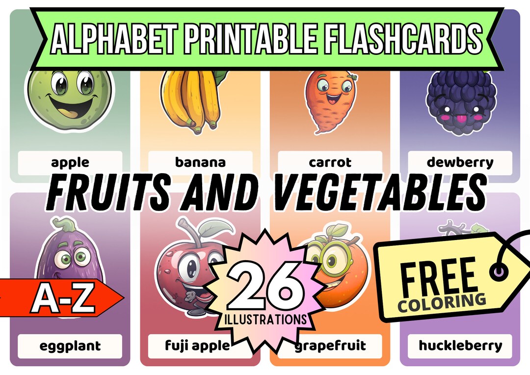 Cute Alphabet Printable Flashcards 26 Fruits and Vegetables ...
