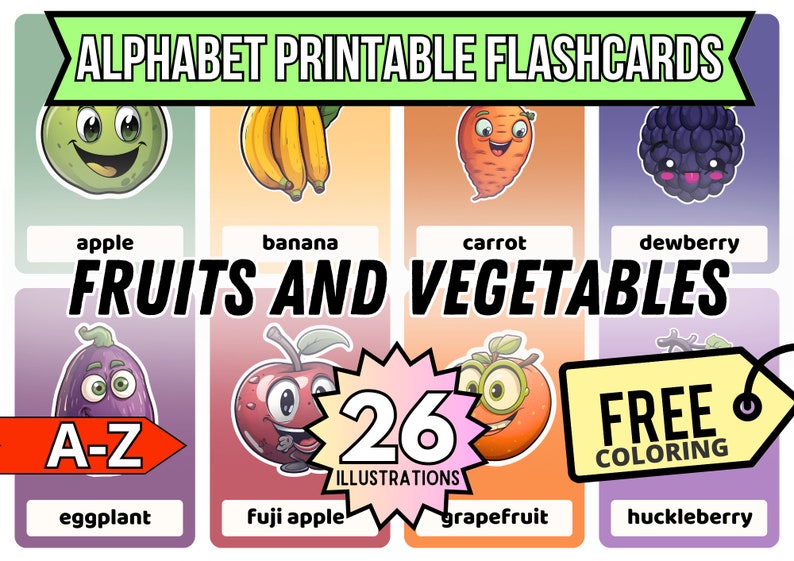 Cute Alphabet Printable Flashcards 26 Fruits and Vegetables ...