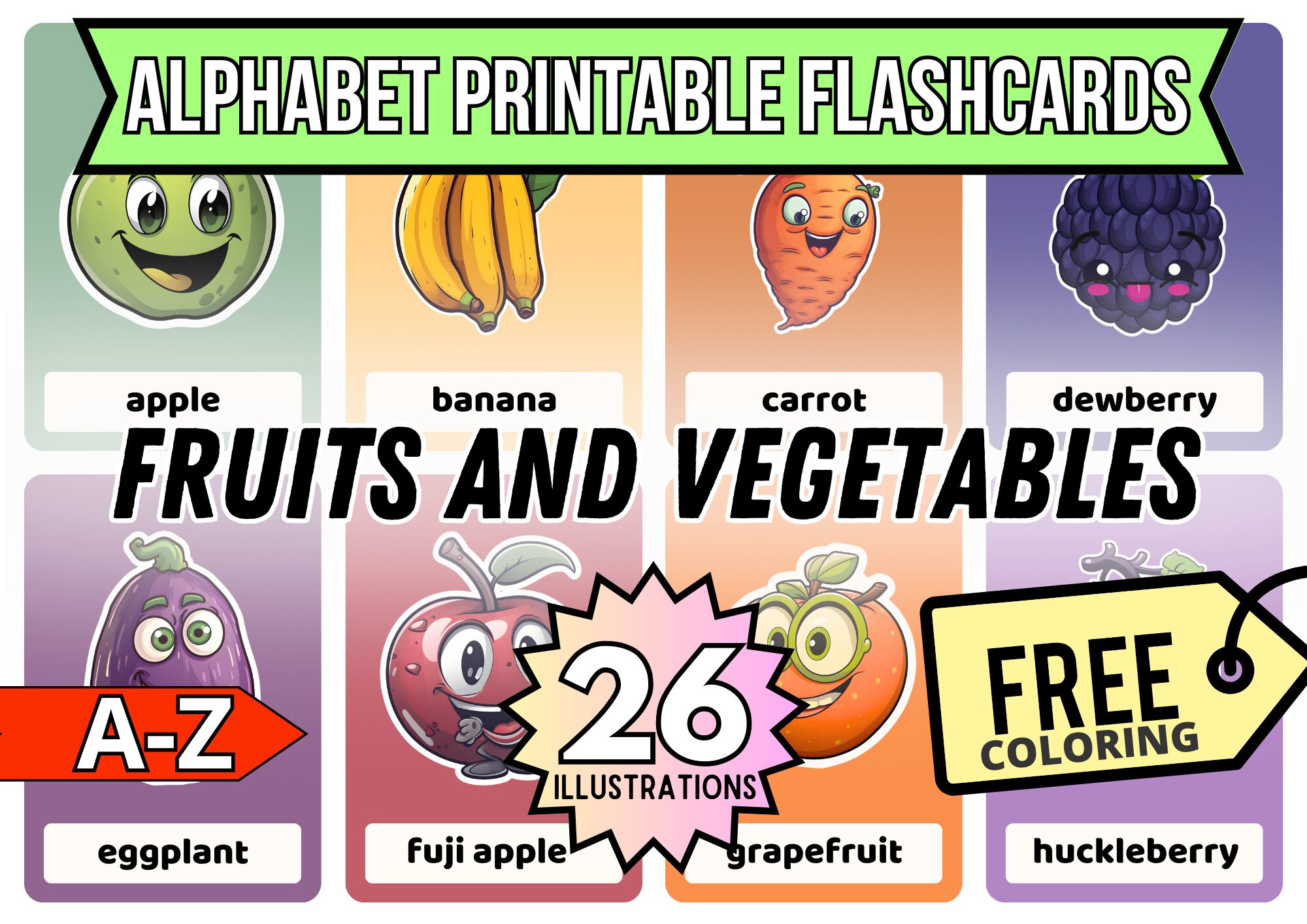 Cute Alphabet Printable Flashcards 26 Fruits and Vegetables ...