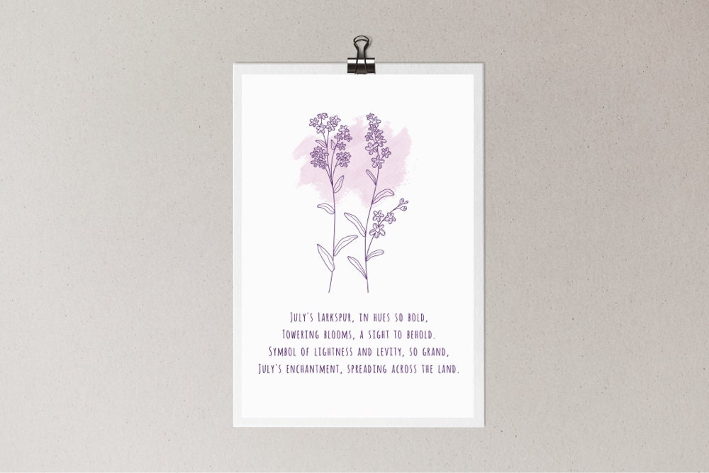 Watercolor Birth Month Flower Poem Print - July - Larkspur - Etsy