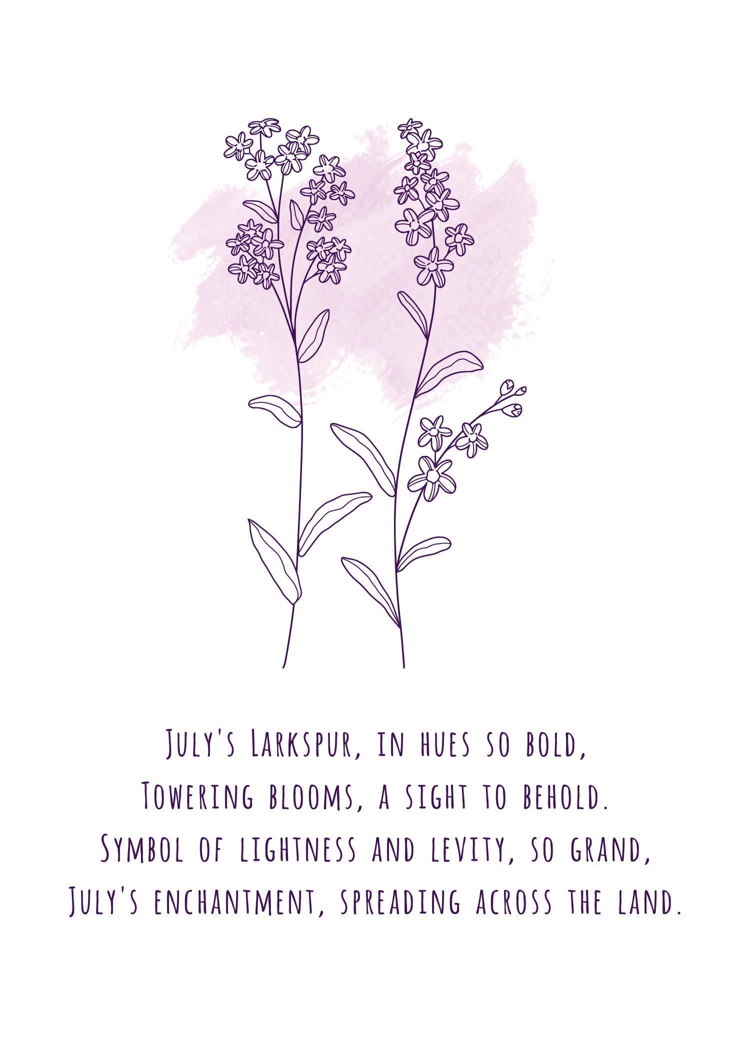 Watercolor Birth Month Flower Poem Print - July - Larkspur - Etsy
