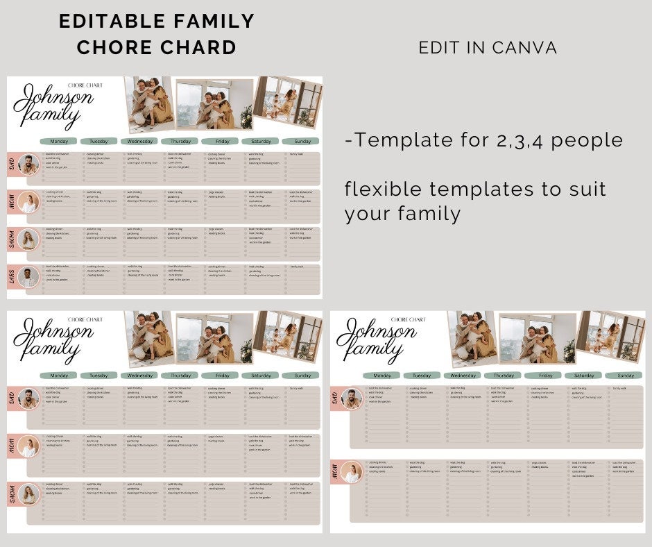 Family Chore Chart,editable Weekly Family Chore Chart,weekly Household ...