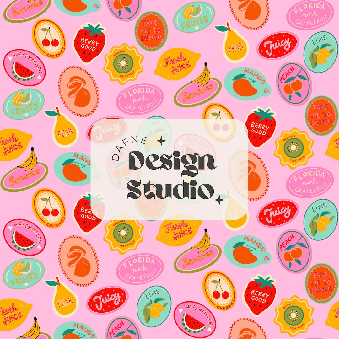 Pink Fruit Sticker Seamless Pattern, Preppy Summer Digital File 12" X ...