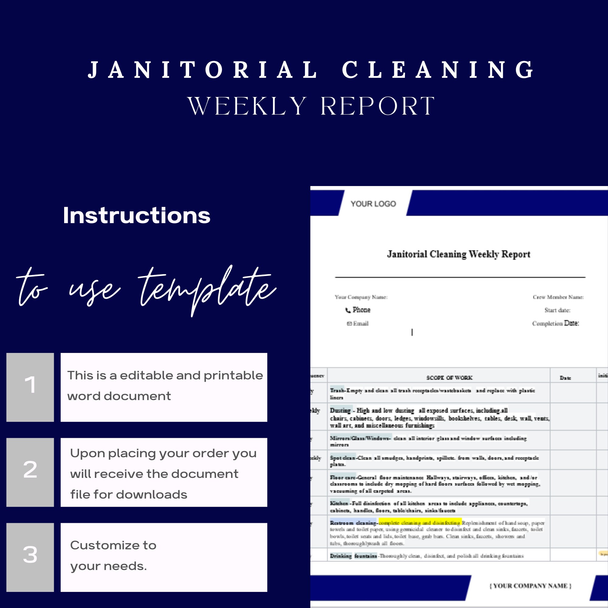 Janitorial Cleaning Weekly Report, Janitorial Cleaning Checklist ...