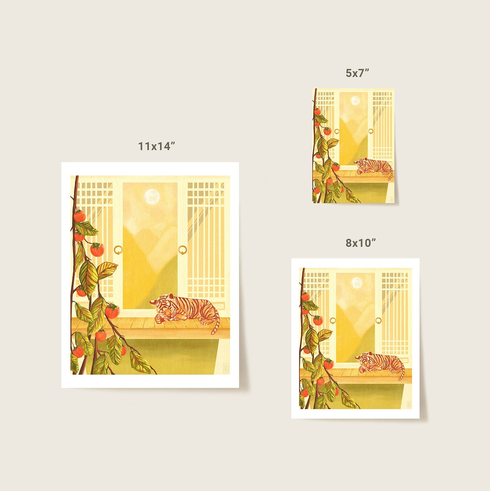 Persimmon Tree Art Print, Korean Fall Harvest Wall Art, Tiger Wall ...