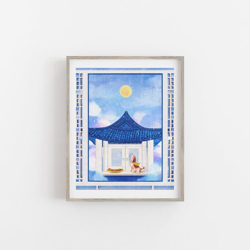 Winter Hanok Art Print, Holiday Dog Art, Beagle Hound Dog, Winter Snow ...