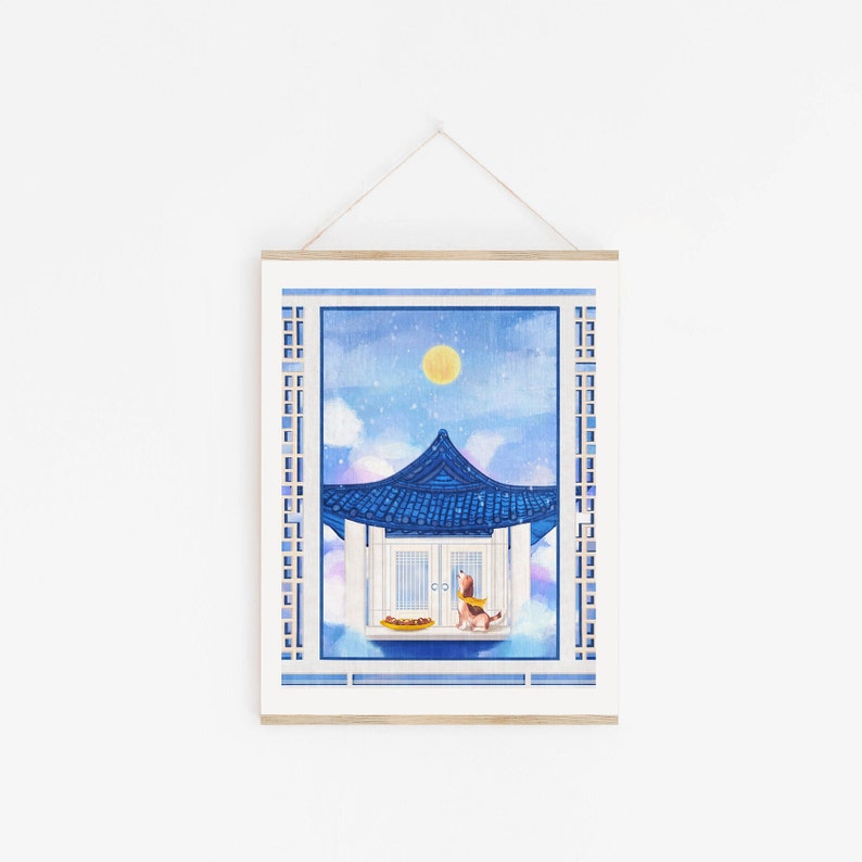 Winter Hanok Art Print, Holiday Dog Art, Beagle Hound Dog, Winter Snow ...