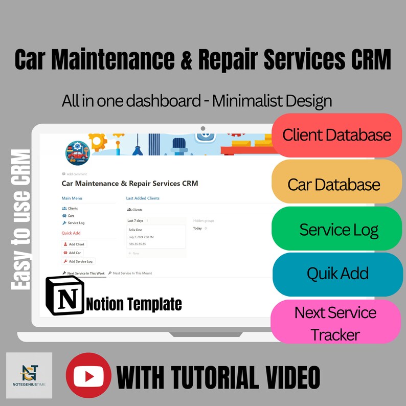 Car Maintenance Repair Notion Template | Track Services, Costs, Parts & Customer Info | Easy CRM ...