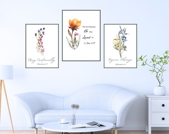 Christian Floral Set of 3 | Bible Verse Wall Art | Botanical Scripture ...