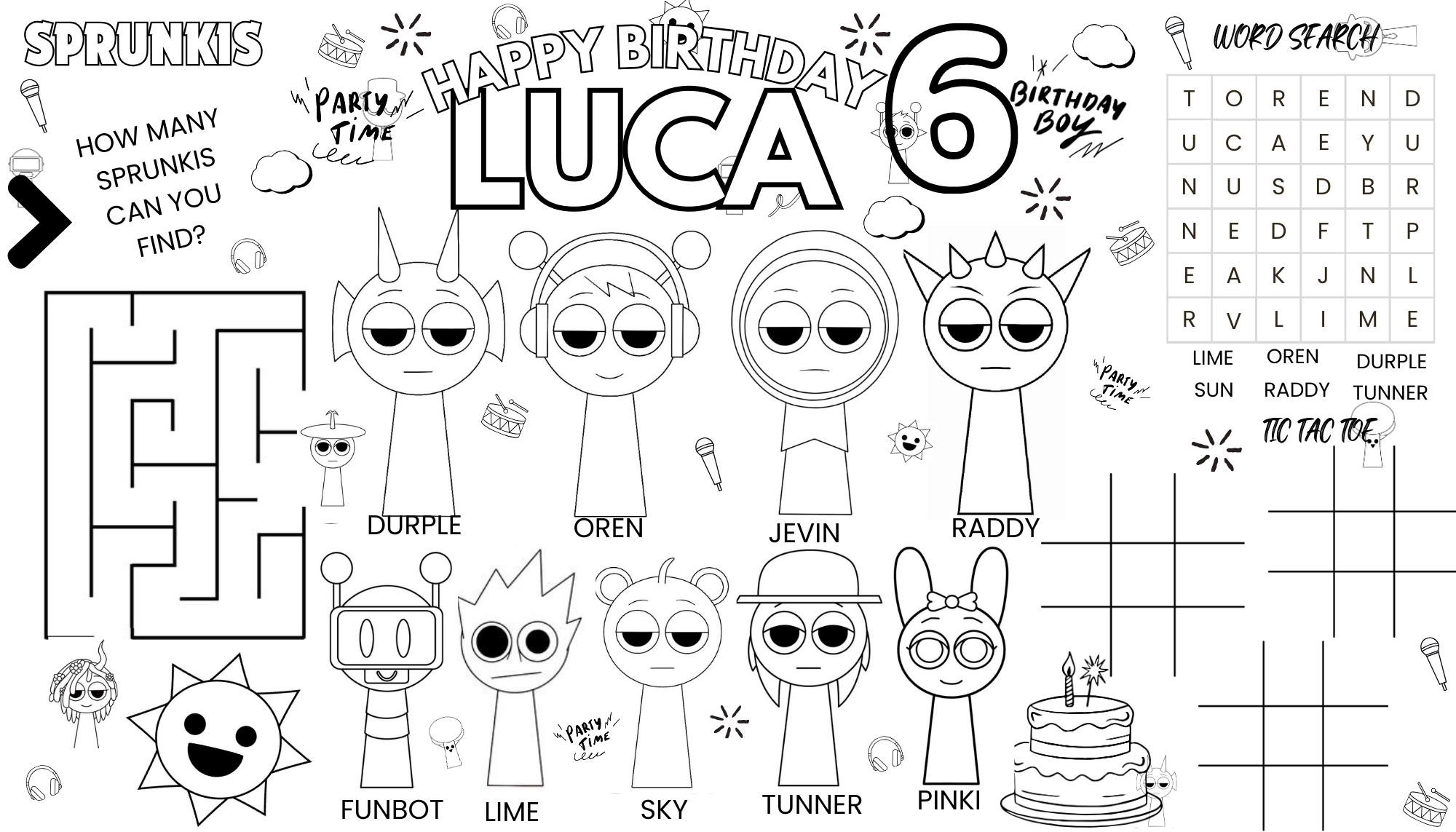 Sprunki Party Activity Placemat, Sprunki Activity Sheet, Birthday ...