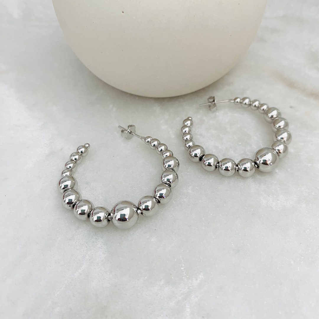 Silver Ball Hoop Earrings, Ball Hoops Earrings, Beaded Hoops, Silver ...