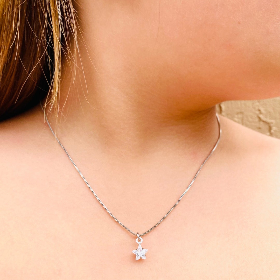 Mini Silver Star Necklace, Mini Cz Heart Necklace, Small Silver Heart ...