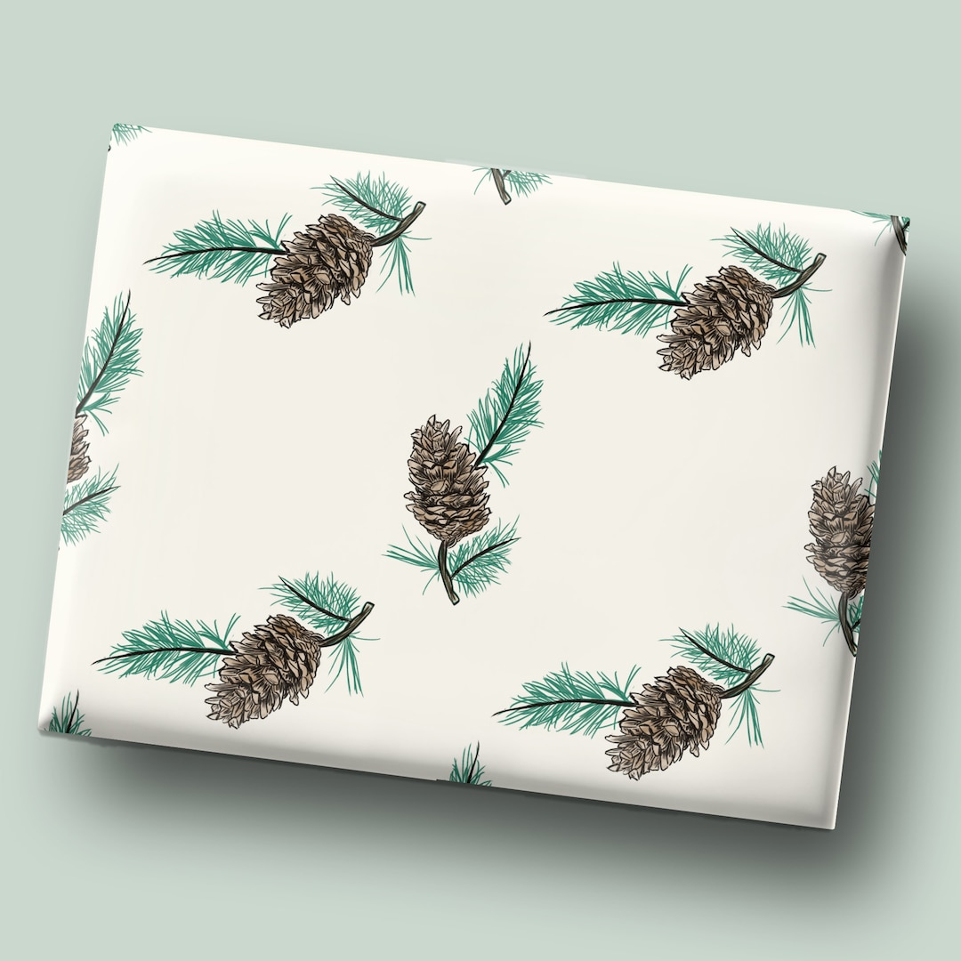 Pine Cone Wrapping Paper Evergreen Sprig on Antique White Natural Gift ...