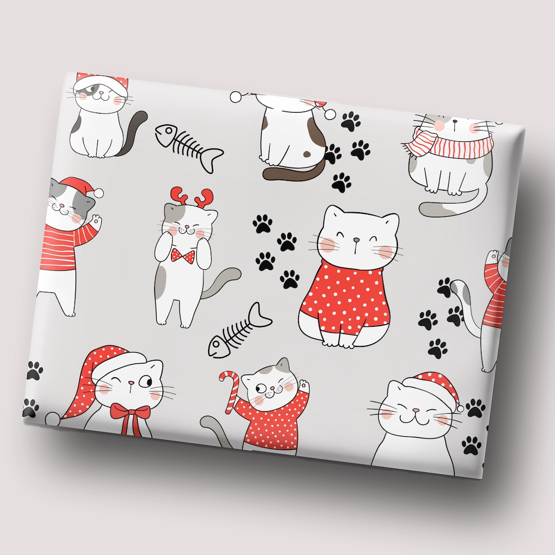 Cat Christmas Wrapping Paper Cute Kitty Cat Wrapping Paper, Gift Wrap ...