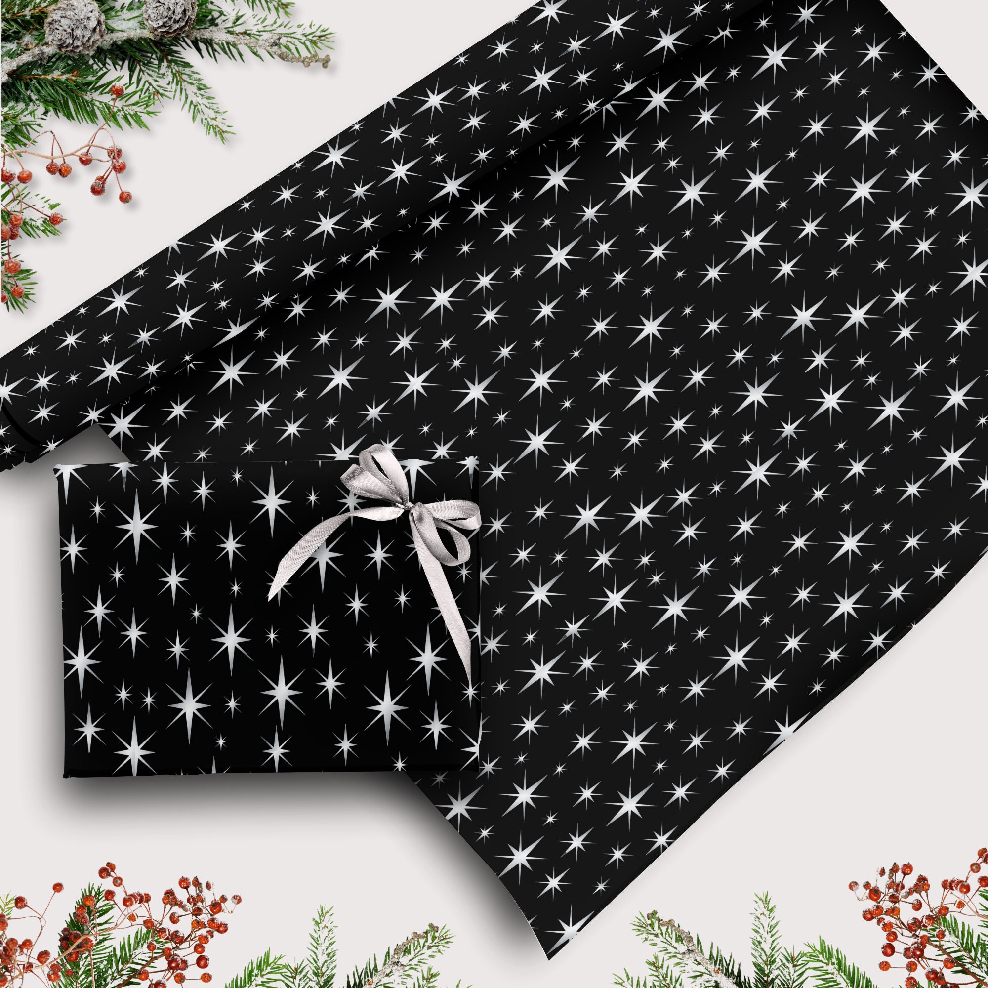 Silver and Black Wrapping Paper Retro Stars 1950s Silver Wrapping Paper ...