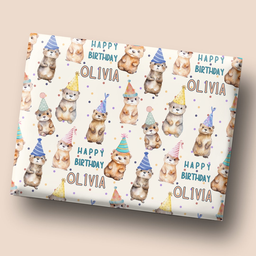 Personalized Otter Birthday Party Wrapping Paper Watercolor Cute Gift ...