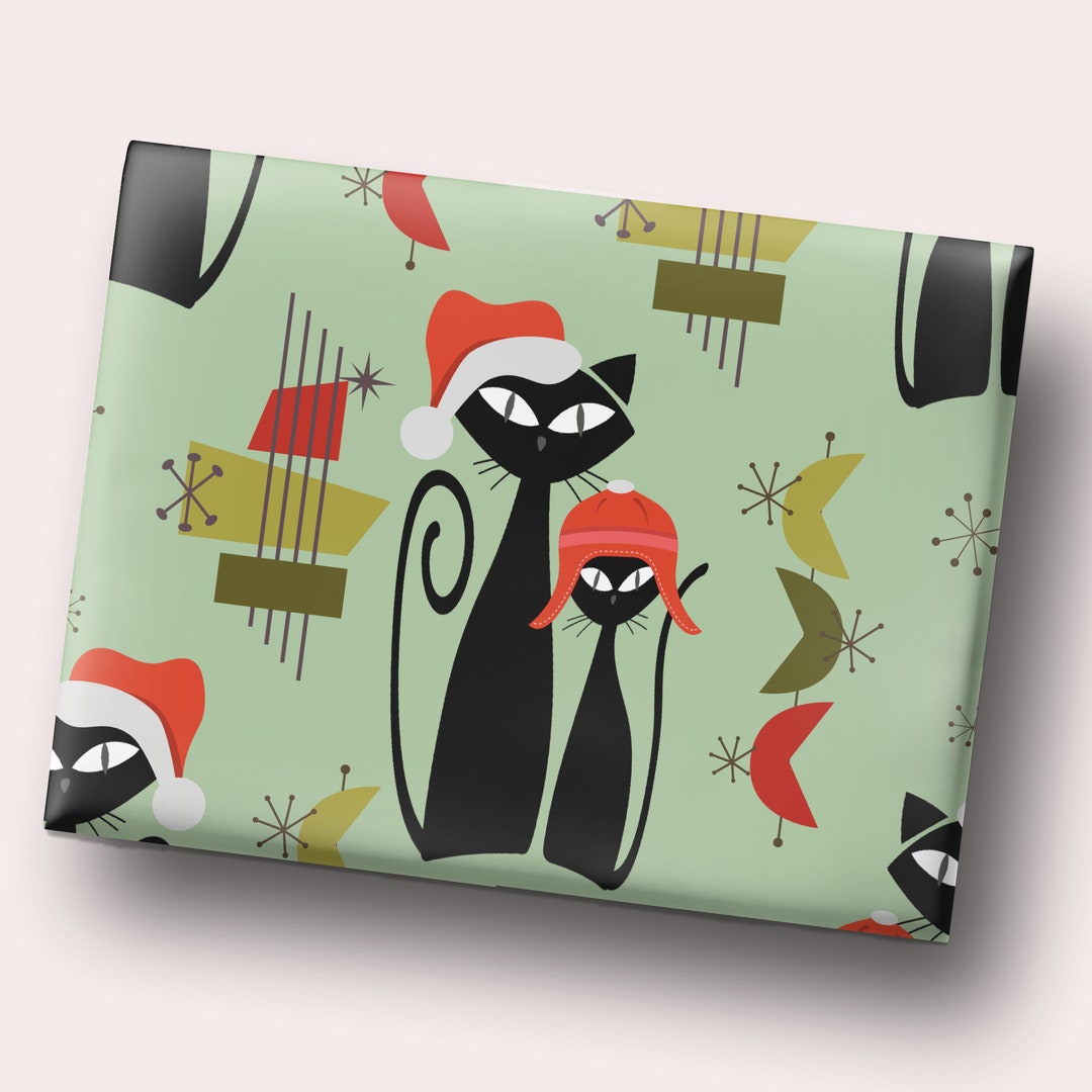 MCM Christmas Cat Wrapping Paper Black Atomic Cat Christmas Paper 1970s ...