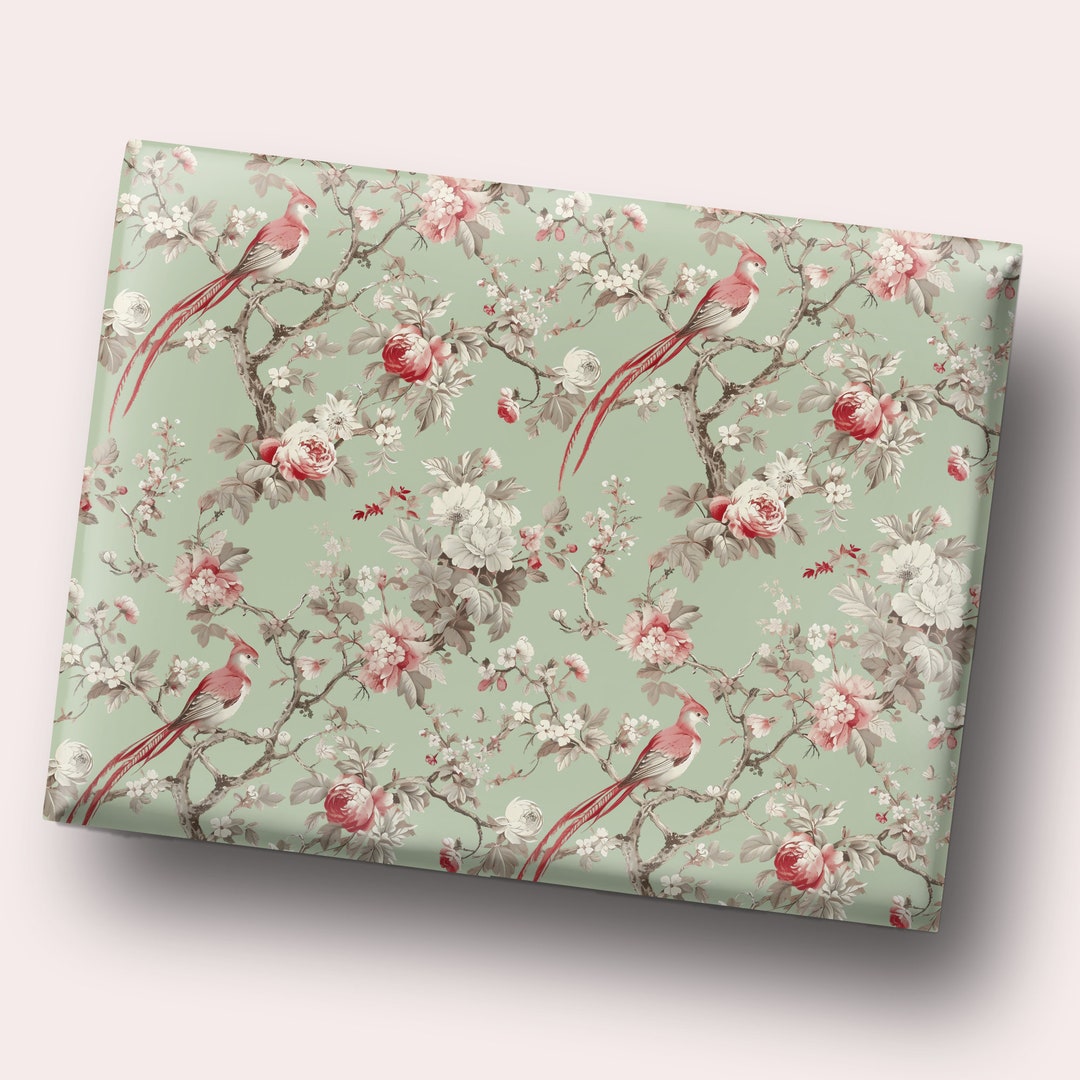 Chinoiserie Green Floral Wrapping Paper Roll Birds on Floral Toile Gift ...