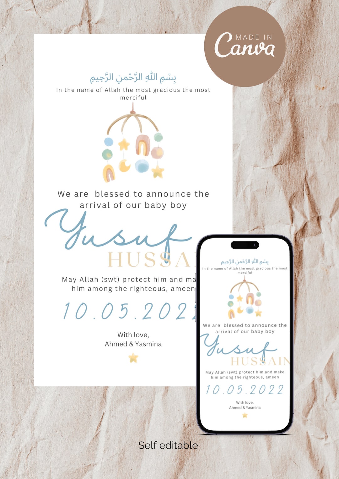 Muslim Baby Boy Birth Announcement | Blue Mobile Themed Birth ...