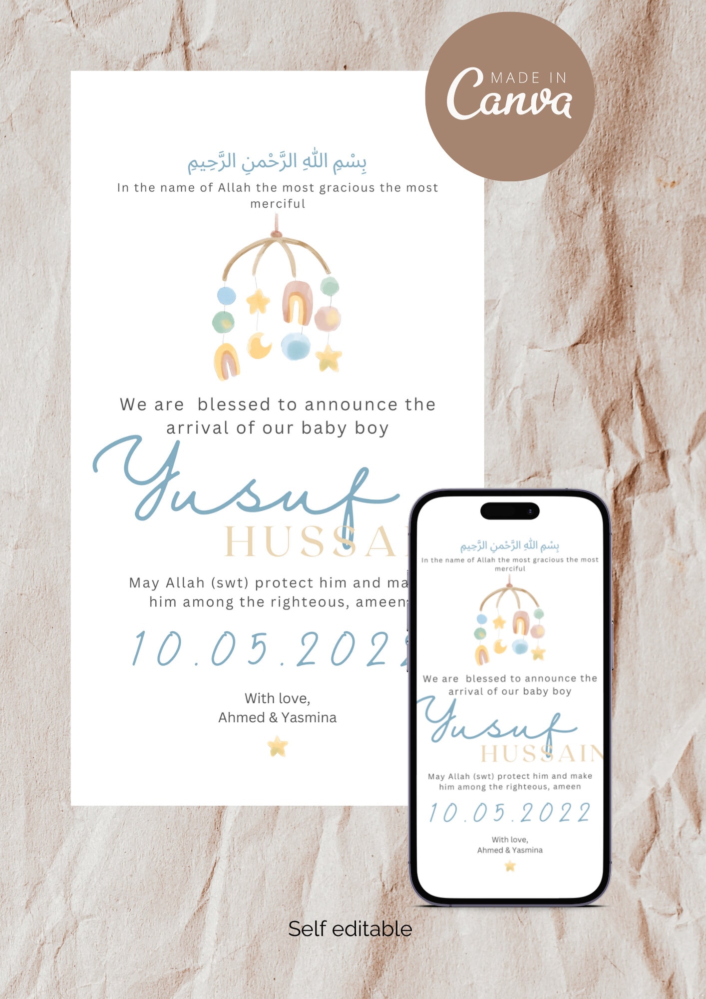 Islamic Baby Boy Birth Announcement | Blue Mobile | Editable Canva ...