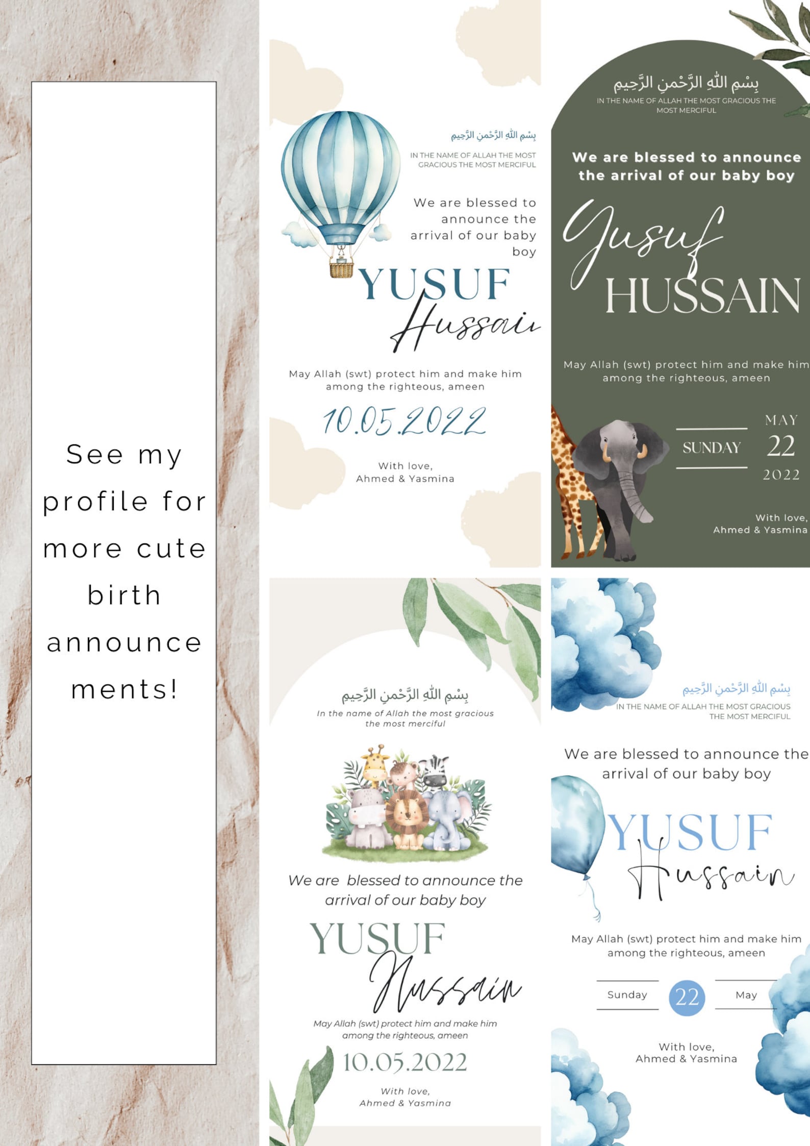 Muslim Baby Boy Birth Announcement | Cute Elephant Themed Birth ...