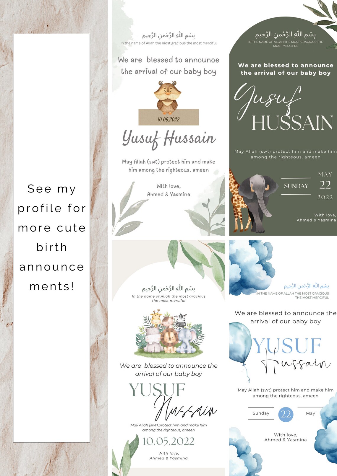 Muslim Baby Boy Birth Announcement | Blue Air Balloon Themed Birth ...