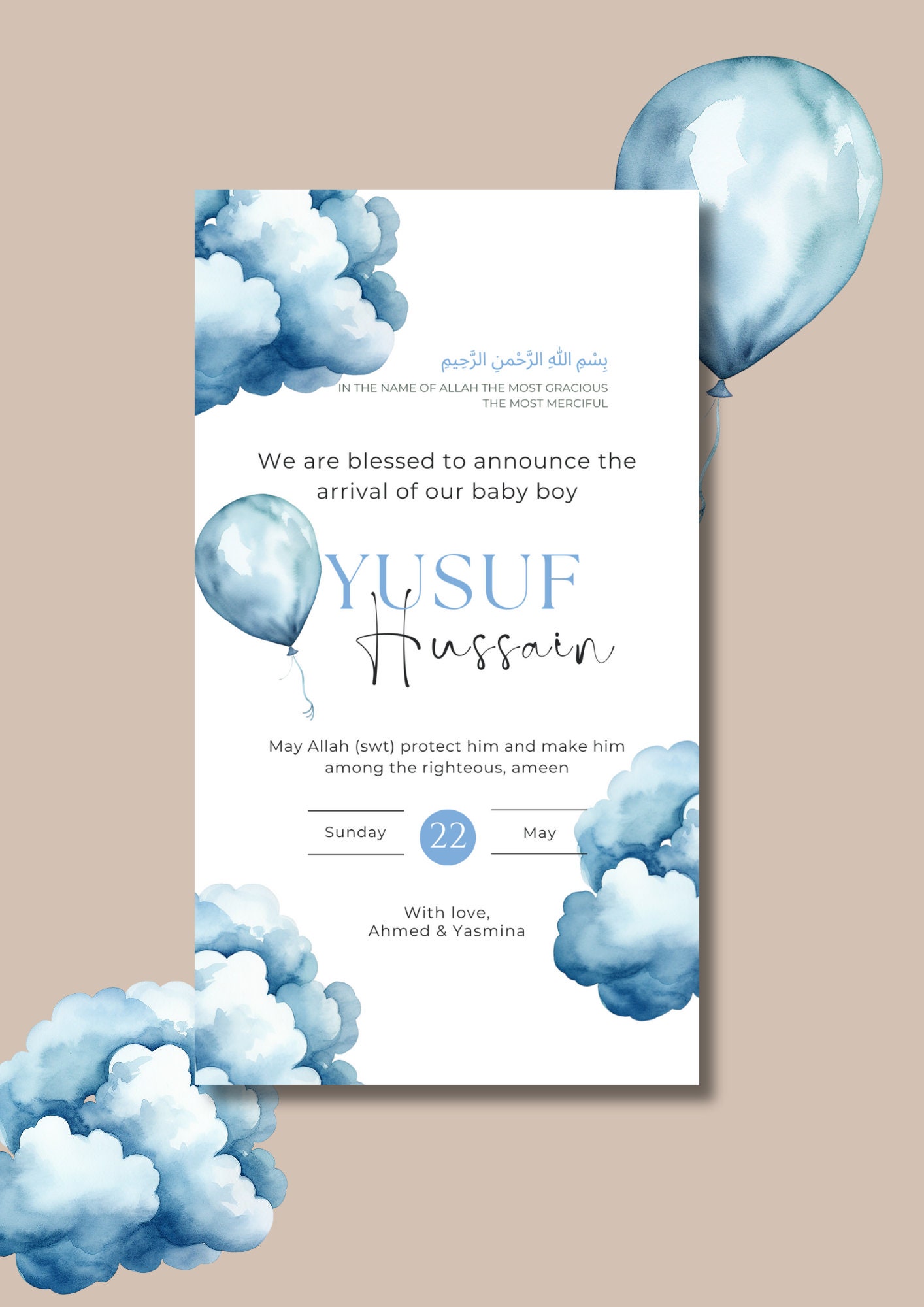 Muslim Baby Boy Birth Announcement | Blue Clouds Themed Birth ...
