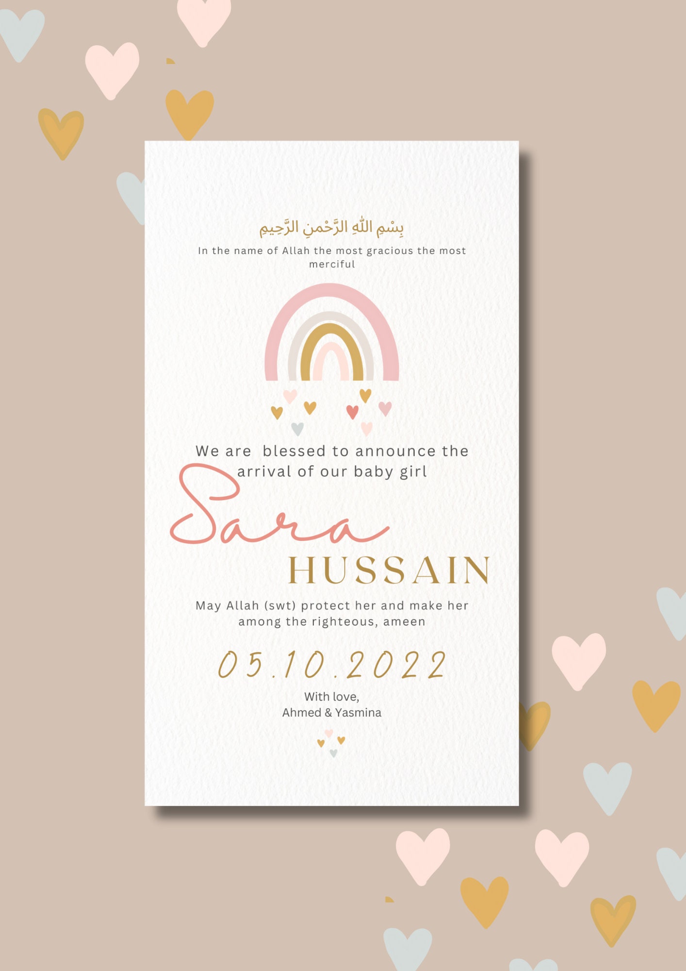 Muslim Baby Girl Birth Announcement | Pink Rainbow Themed Birth ...