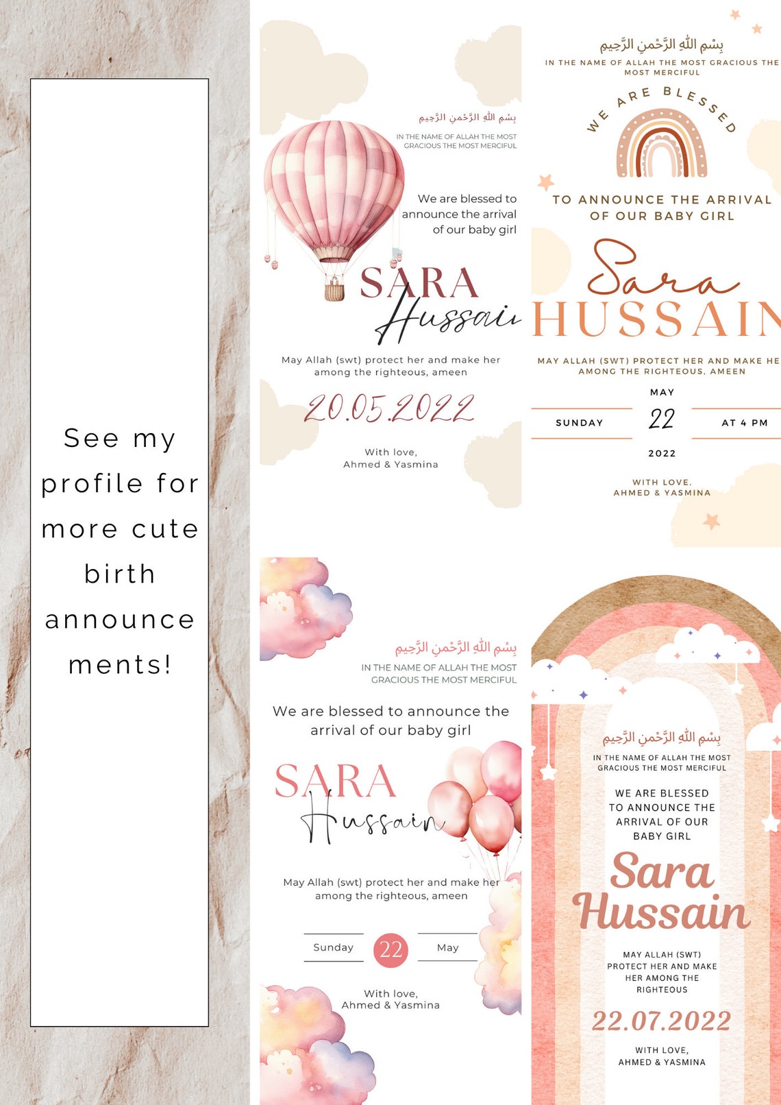 Muslim Baby Girl Birth Announcement | Pink Rainbow Themed Birth ...