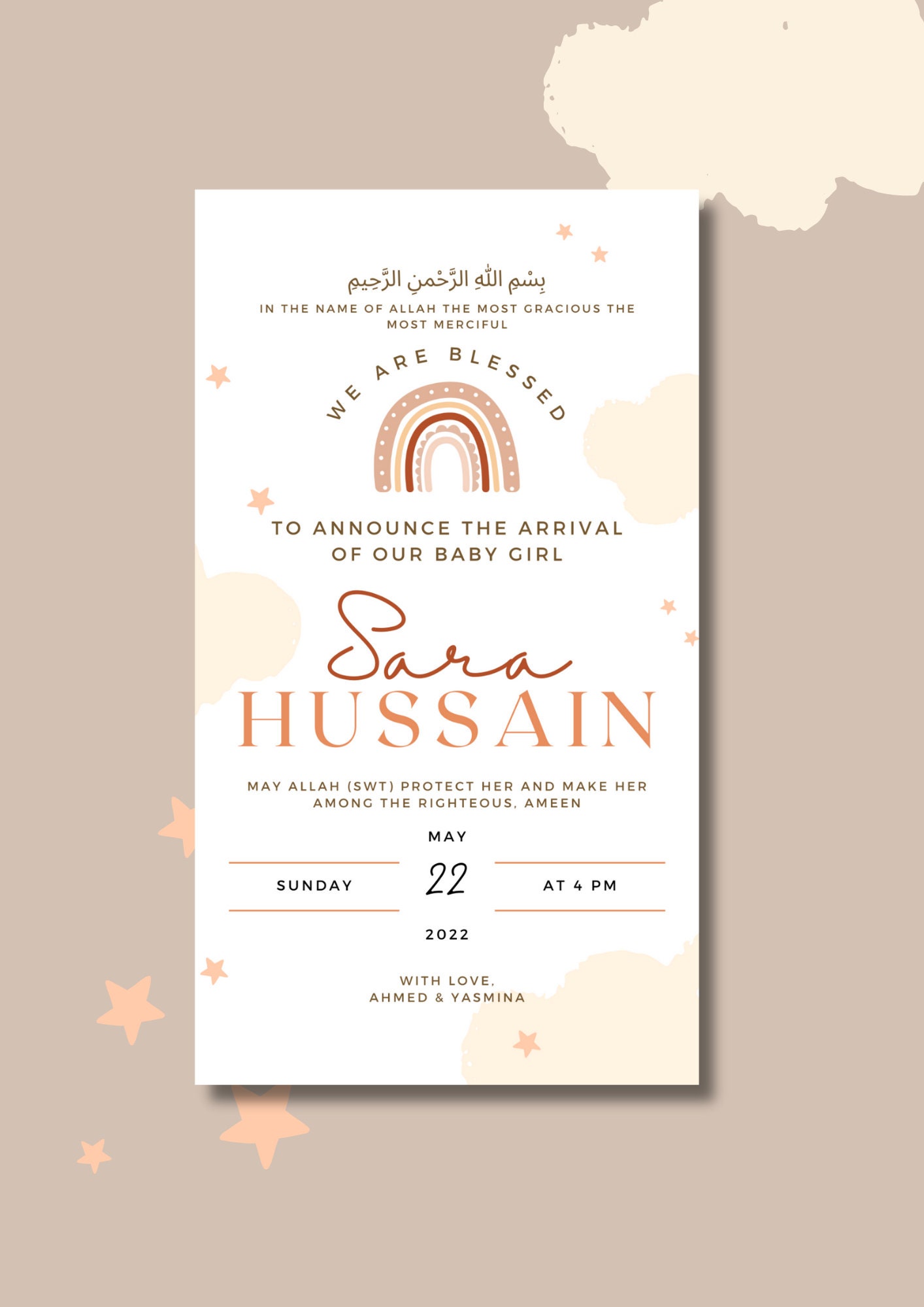 Muslim Baby Girl Birth Announcement | Neutral Rainbow Themed Birth ...