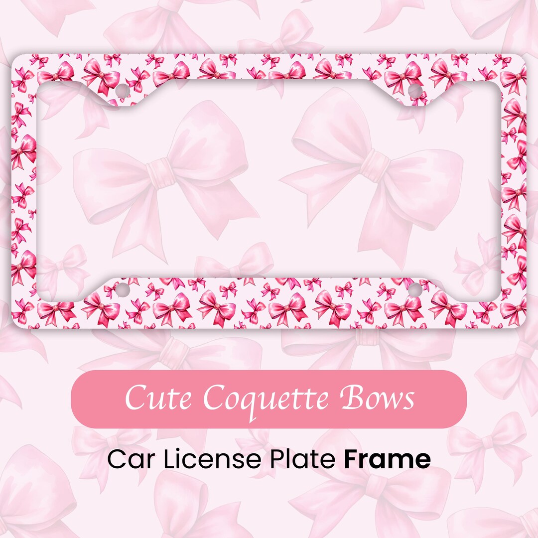 Pink Coquette Bow Car License Plate Frame, Cute Coquette Print, Metal ...