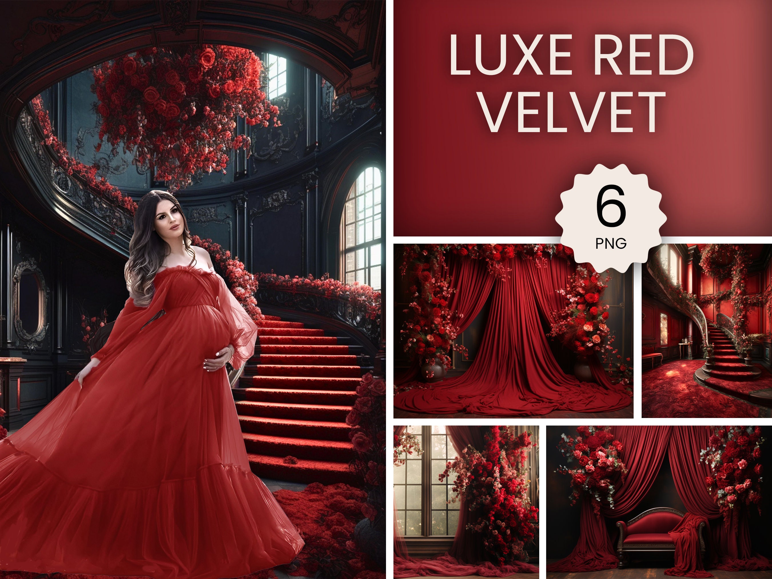 Red Digital Backdrop Luxury Red Velvet Floral Maternity Digital ...
