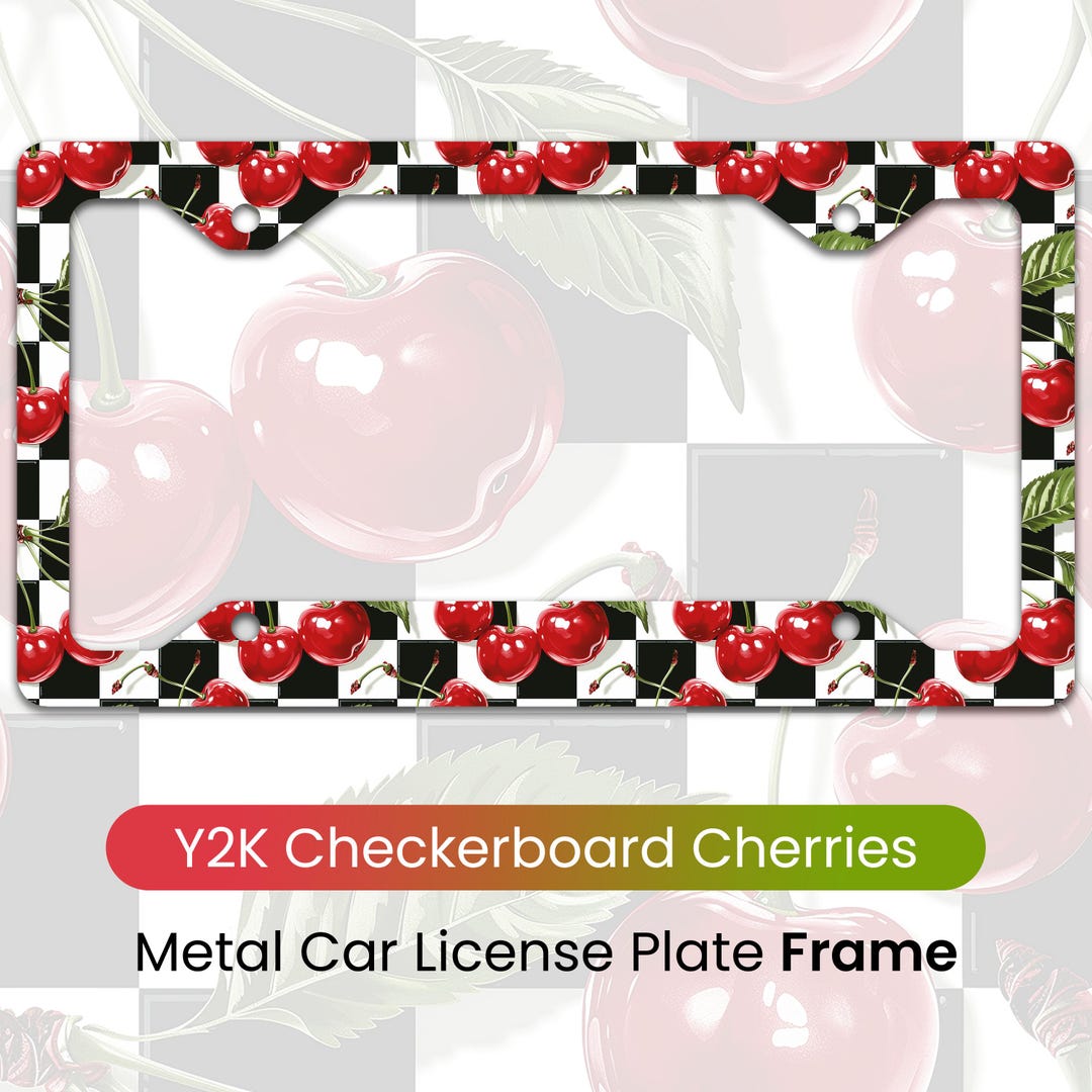 Car License Plate Frame With Y2K Cherries on A Black and White ...