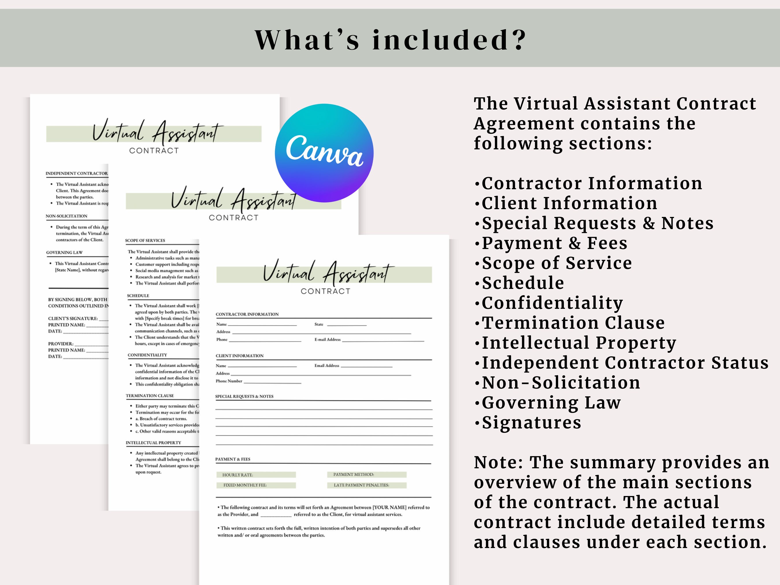 Virtual Assistant Contract Template, Canva Template, , VA Contract Form ...