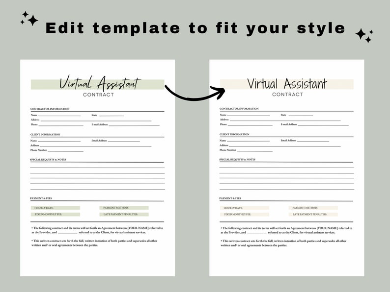 Virtual Assistant Contract Template, Canva Template, , VA Contract Form ...