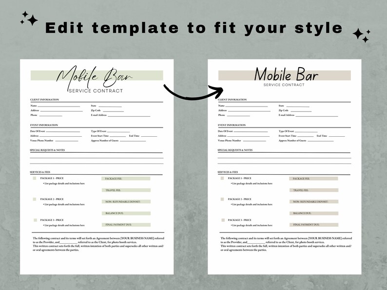 Mobile Bar Contract Template, Canva Editable Bartender Contract, Mobile ...