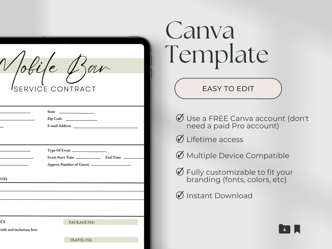 Mobile Bar Contract Template, Canva Editable Bartender Contract, Mobile ...